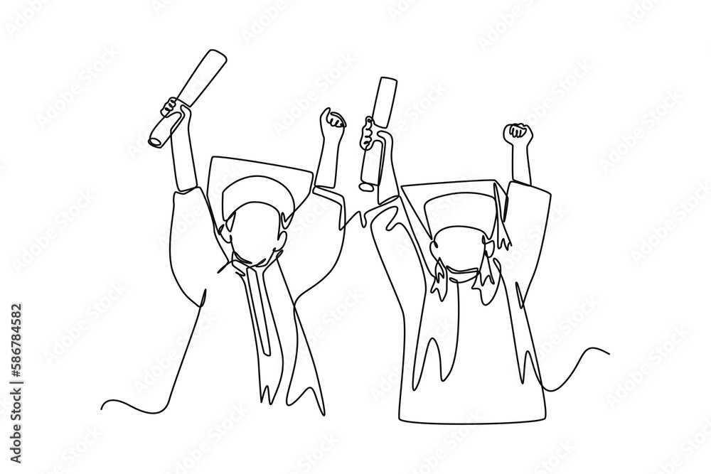 Single one-line drawing two best friends celebrating their graduation ...