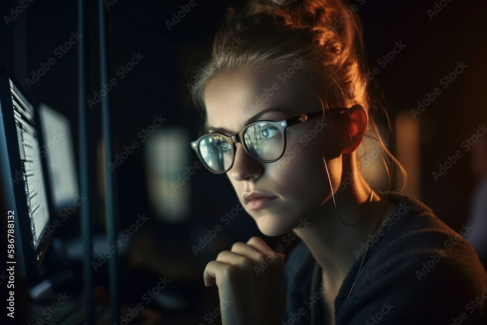 Female Developer Coder Wears Glasses Working On Computer Looking At Programming Code Data Cyber