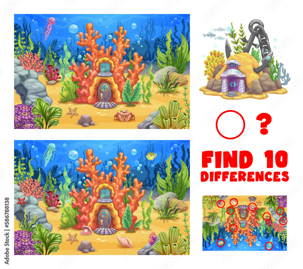 Find ten differences on underwater landscape. Kids vector game ...