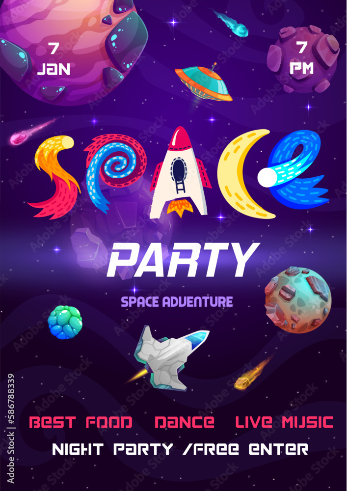 Space party flyer with galaxy planets and rocket on starry sky vector ...