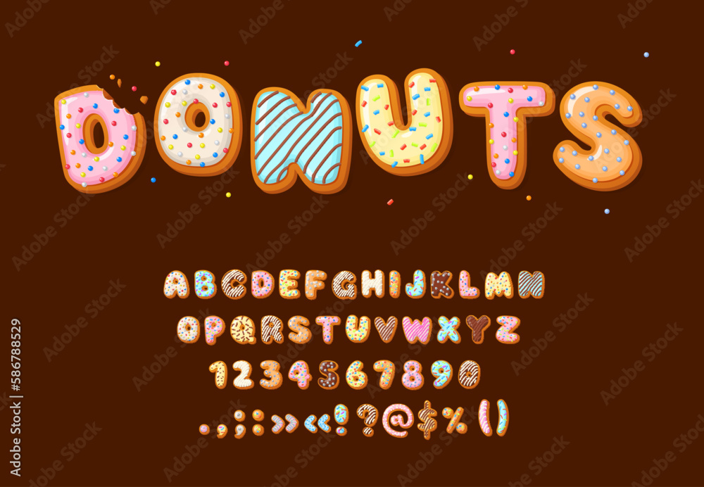 Donut font type, cartoon alphabet typeface letters, vector bakery sweet ...
