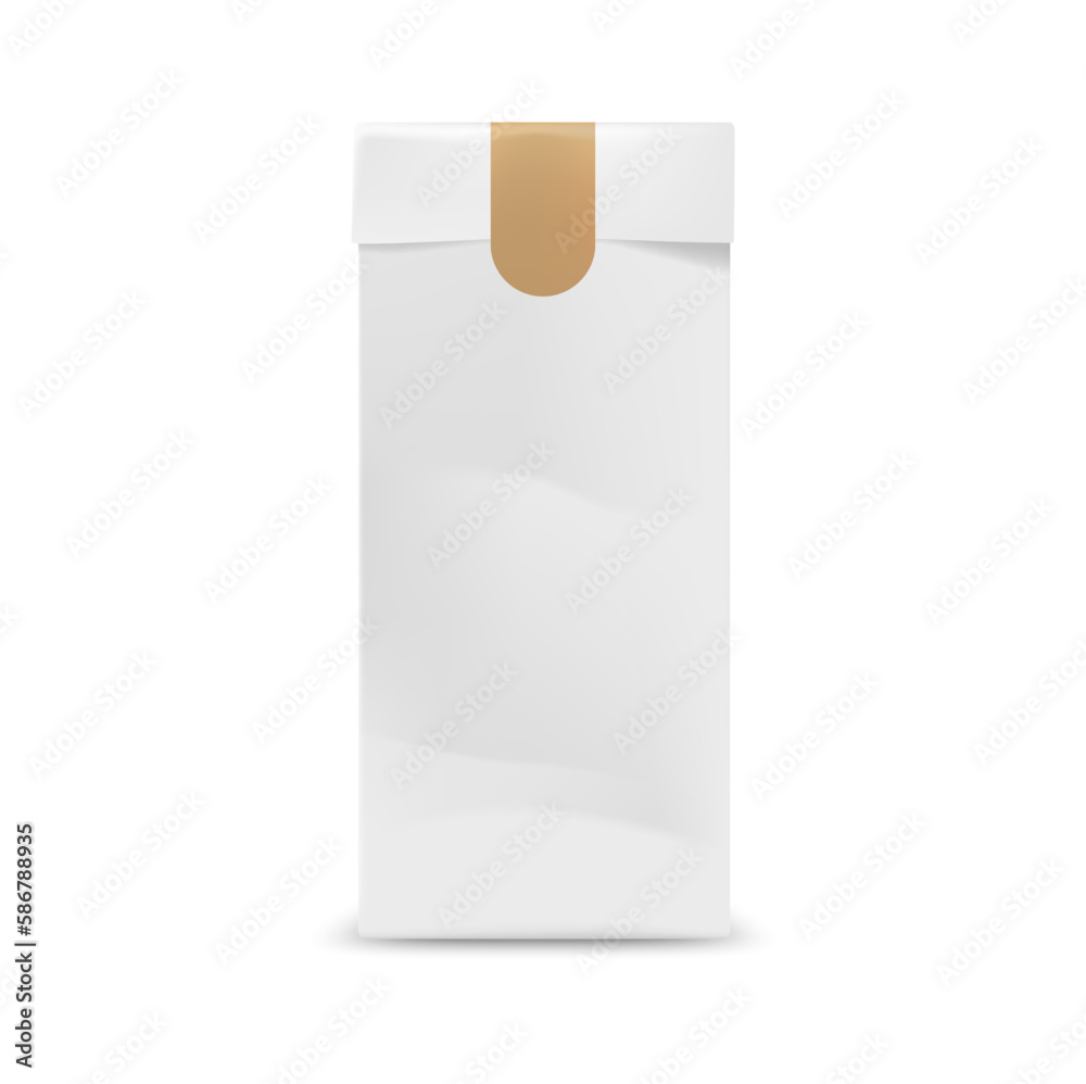 White paper package with sticker mockup. Isolated vector takeout bag ...