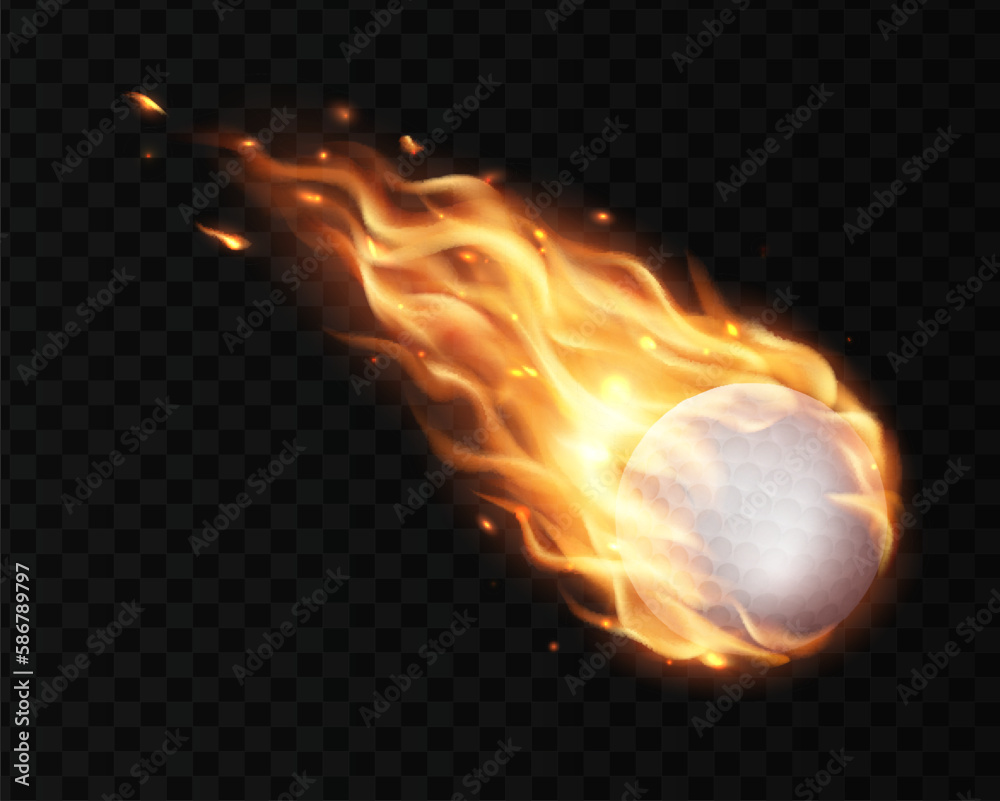 Flying white volleyball ball and fire flame trails, vector sport game ...