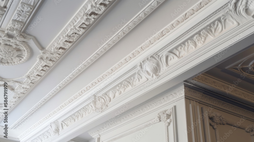 close up ceiling moulding detail of luxury house interior style complex ...