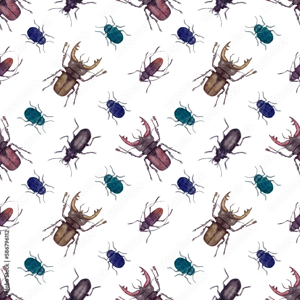 Seamless pattern with watercolor beetles of different shapes and sizes ...