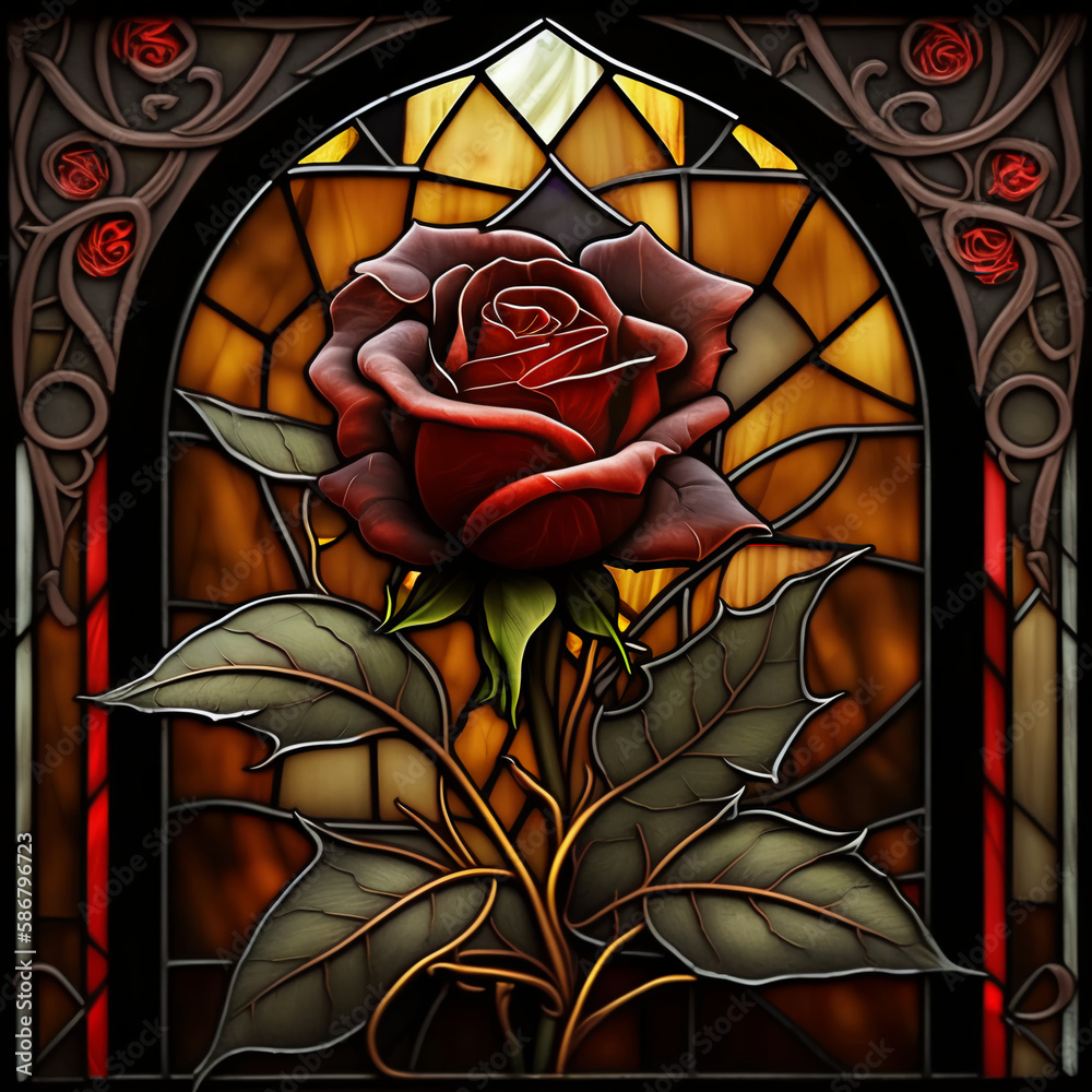 stained glass of a red rose, red rose in a glass, stained glass window ...