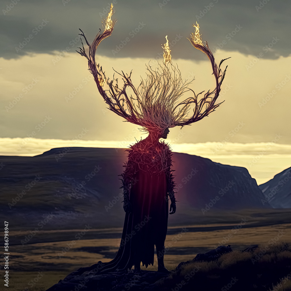 Mystical creature in a dark, misty jungle and mountains with fire ...