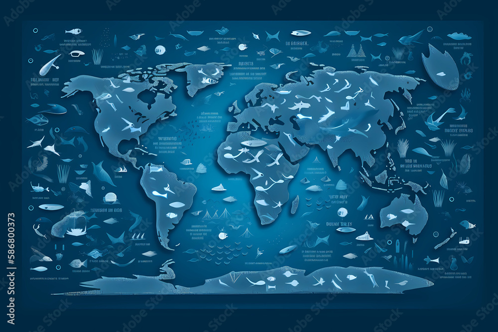 World Oceans Day A map of the world with various marine animals on it ...