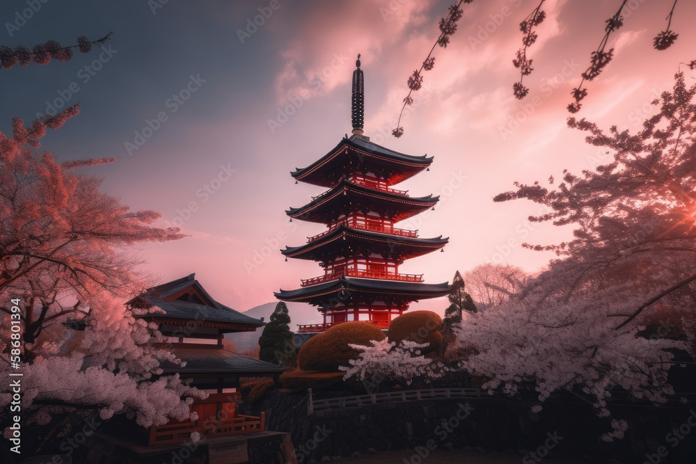 Beautiful Japanese temple, cherry blossom trees, sakura season, spring ...