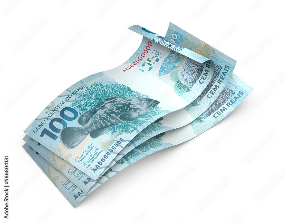 3d Money notes of 100 reais, and 100 reais from brazil in white ...