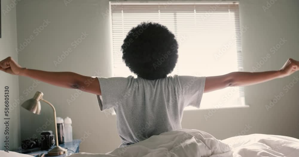 Bed, sleep and stretching by black woman waking up in the morning, rest ...
