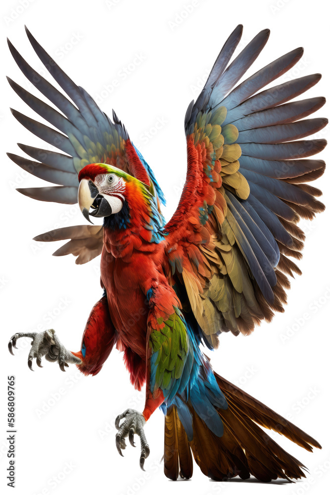 a jungle-themed photographic illustration of a blue green and orange macaw parrot in mid-flight ...