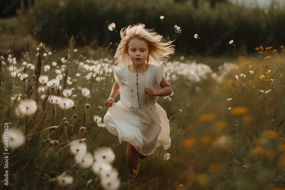 Little blonde hair girl running in a dandelions field in a white dress ...