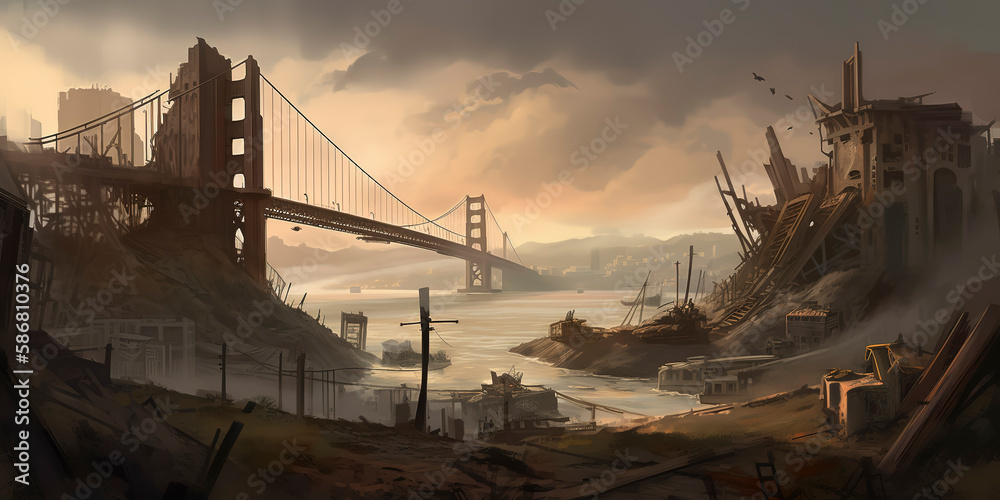 illustration of A post-apocalyptic view of San Francisco with a focus ...