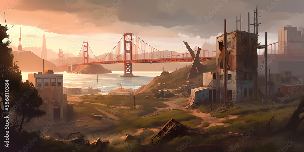 illustration of A post-apocalyptic view of San Francisco with a focus ...
