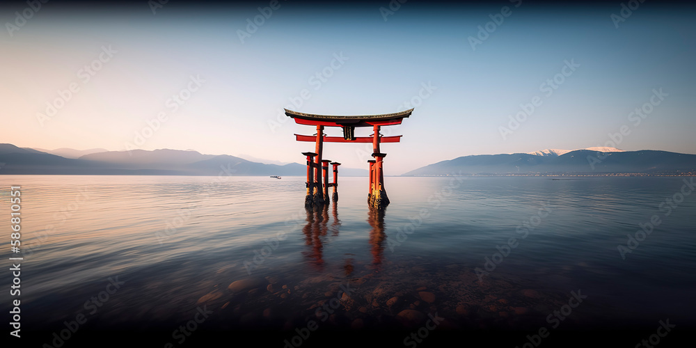 Japanese torii gate at Lake Biwa in Japan. Generative AI Stock ...