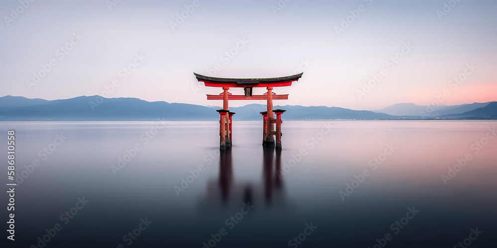 Japanese torii gate at Lake Biwa in Japan. Generative AI Stock ...