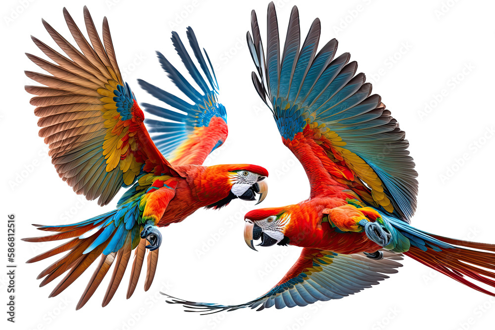 two Scarlet Macaws, flying with spread wings in a wildlife-themed ...