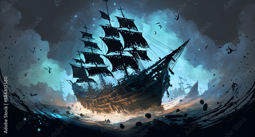 wrecked ships with pirate skull flag filled with particles and dust ...
