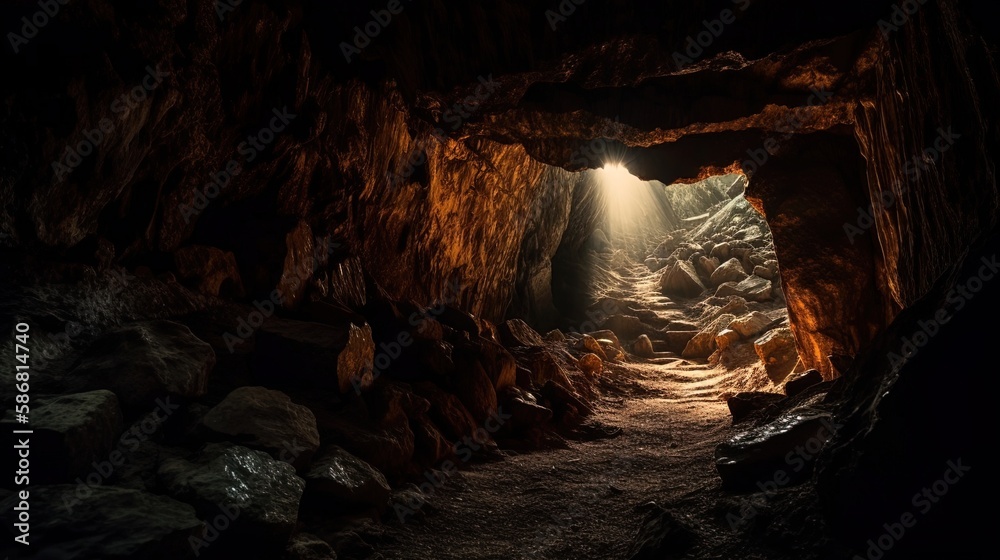 Light at the end of a tunnel: Shining Light Through Dark Tunnel Cave in 8K created with ...