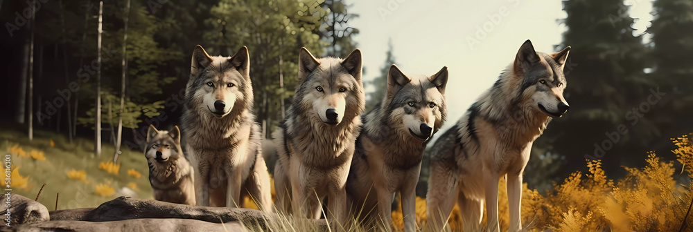 Wolve Pack in front of a forest. Highly detailed wolves. Nature ...