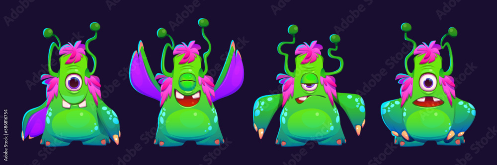 Green cyclope monster emotions set. Vector cartoon illustration of neon ...