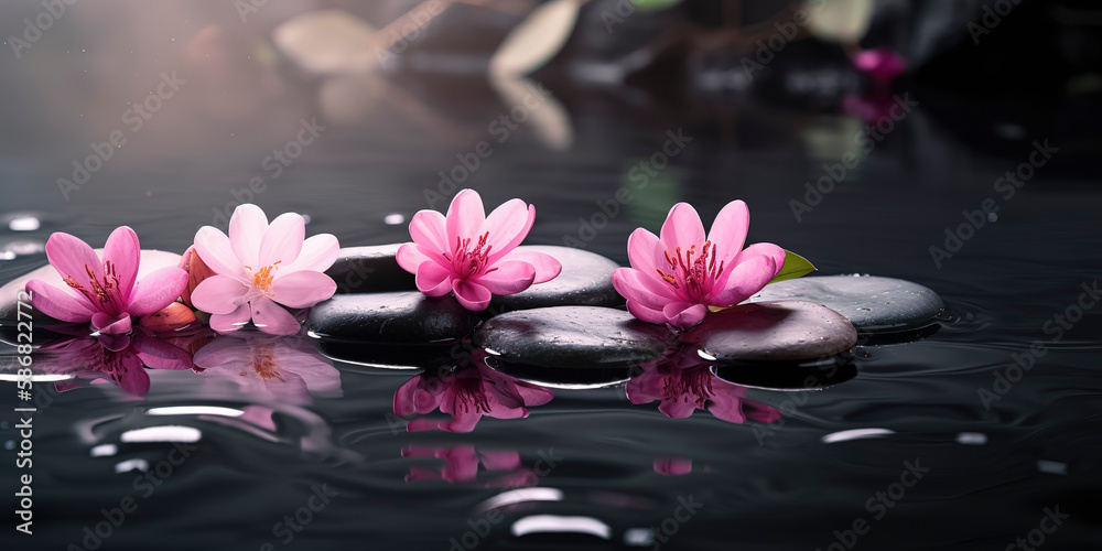pink spa flowers on spa hot stones on water wet background. Generative ...