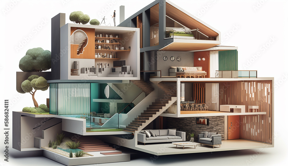 Modern home cross section, 3d rendering Generative Ai Stock ...