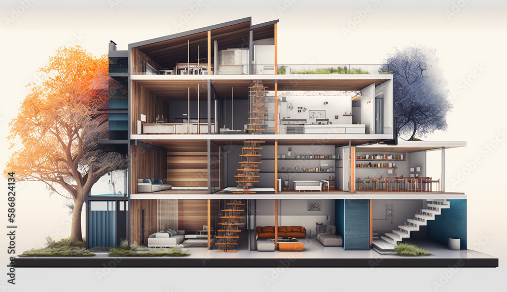 Modern home cross section, 3d rendering Generative Ai Stock ...