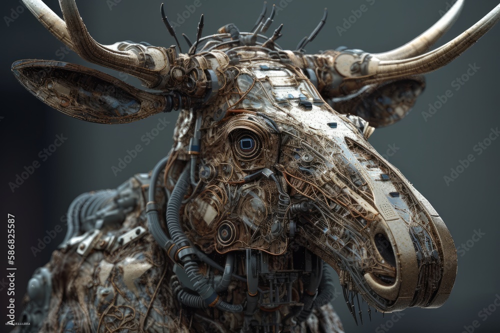 Realistic 3D Moose Robot Head Sculpture with Cinematic Lighting on ...