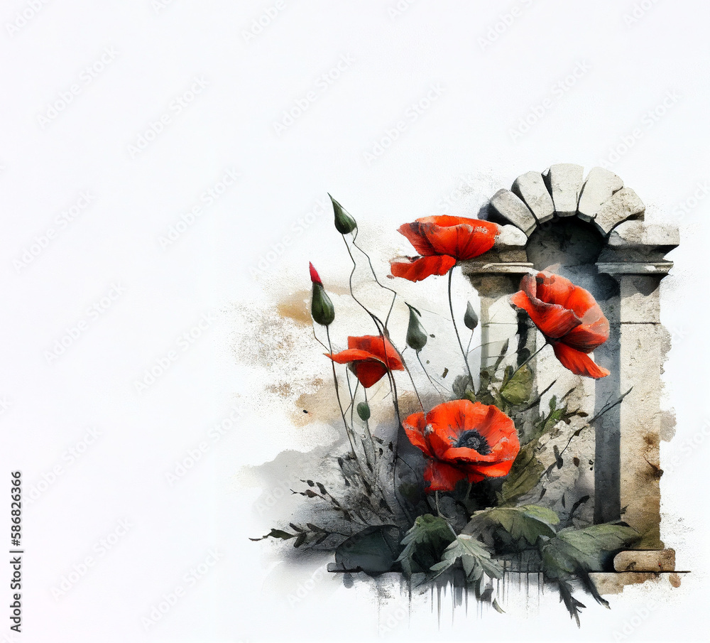 The red poppy flowers by the grave Generative AI illustration as a ...