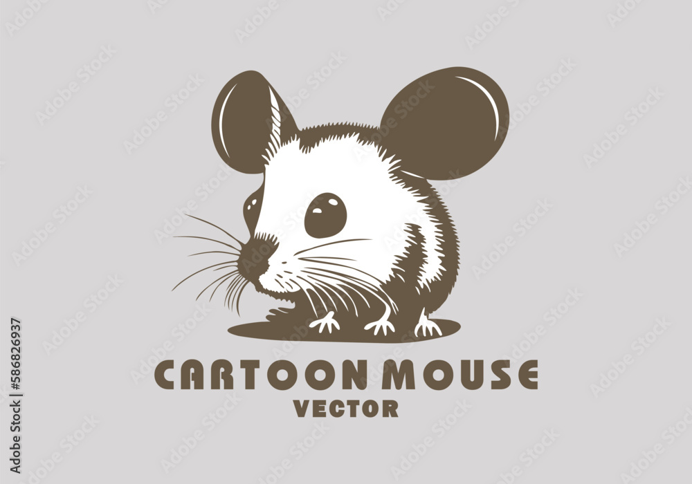 Vector monochrome simple cute eared little cartoon mouse. Logo, icon or ...