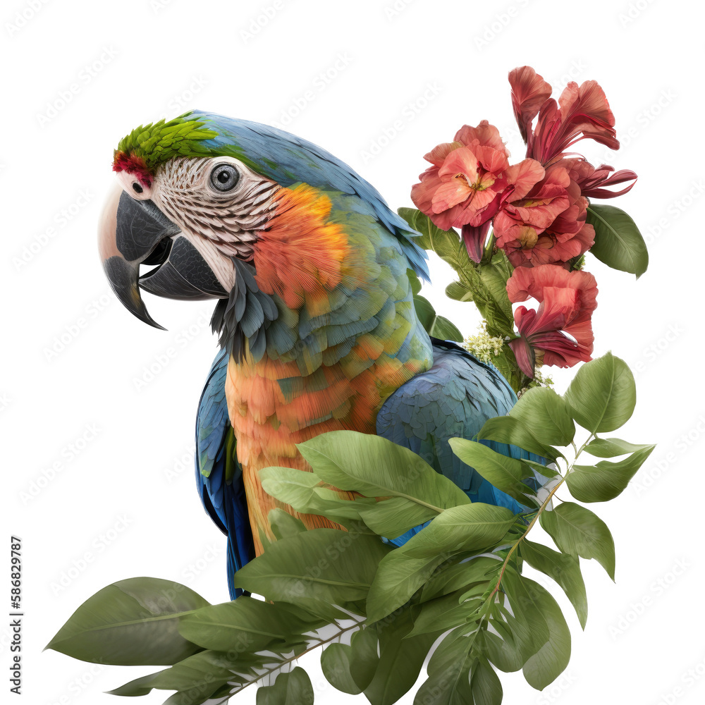 a jungle-themed photographic illustration of a blue green and orange macaw parrot portrait with ...