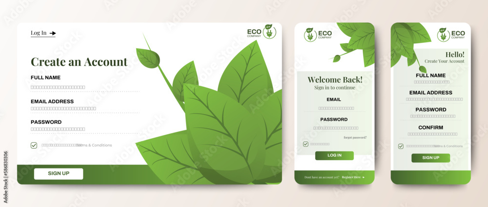 Green Nature Login and Registration form templates design. Mobile Sign ...