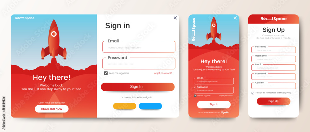 Login and Registration form templates with red color design. Mobile ...