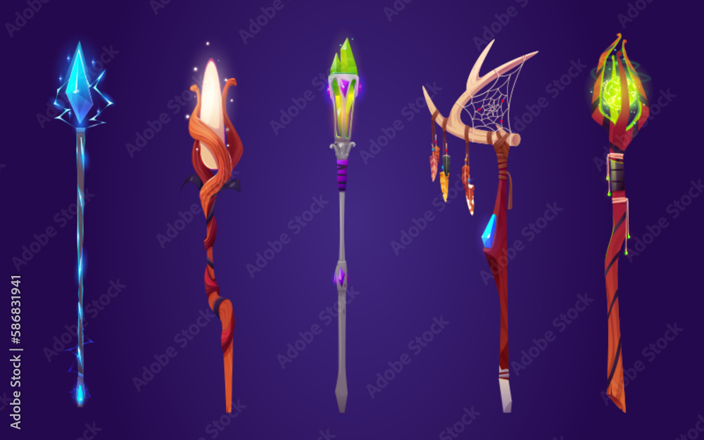 Cartoon set of magic power staffs isolated on background. Vector ...