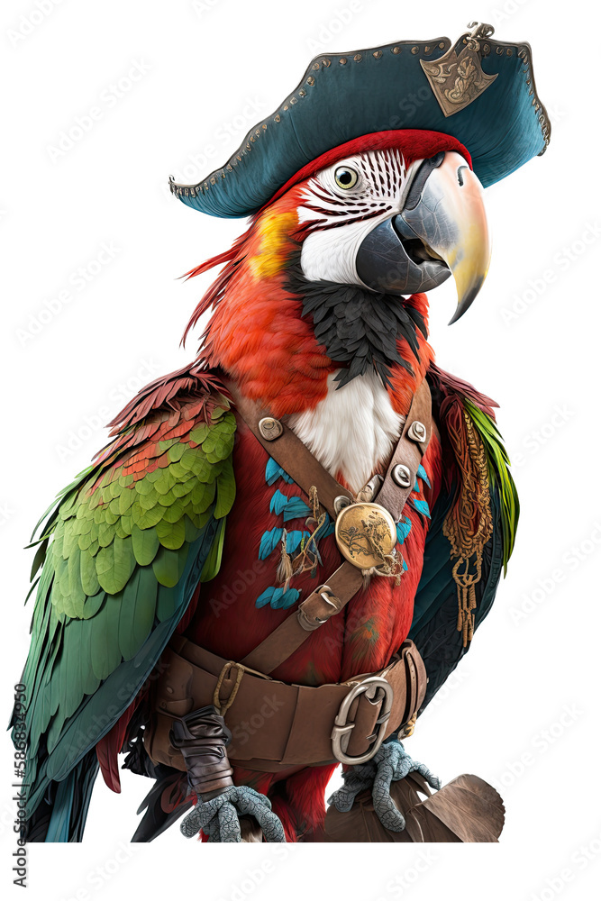 a pirate-themed photographic illustration of a red and green macaw ...