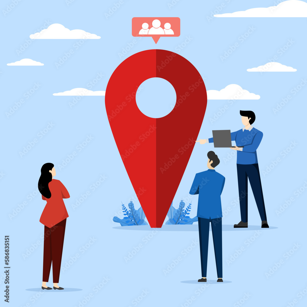 Meeting point concept for making group or public meeting, Men and women gathered around a map ...