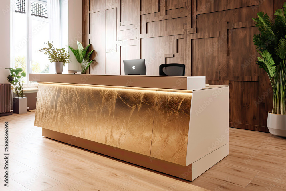 Perspective view on stylish reception desk made from natural wooden ...