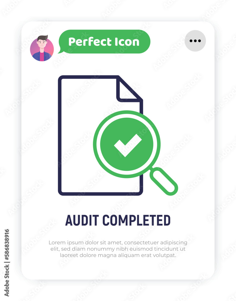Audit completed thin line icon. Tax review. Data verification. Document ...
