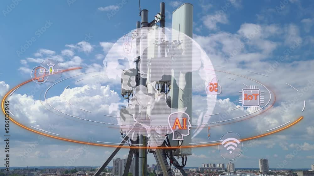 Time lapse 5G rooftop antenna with smart cityscape skyline global ...