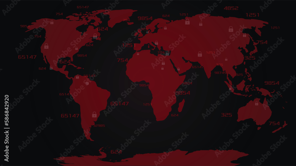 Hack and spy virtual world map with numbers and padlock. Red vector ...