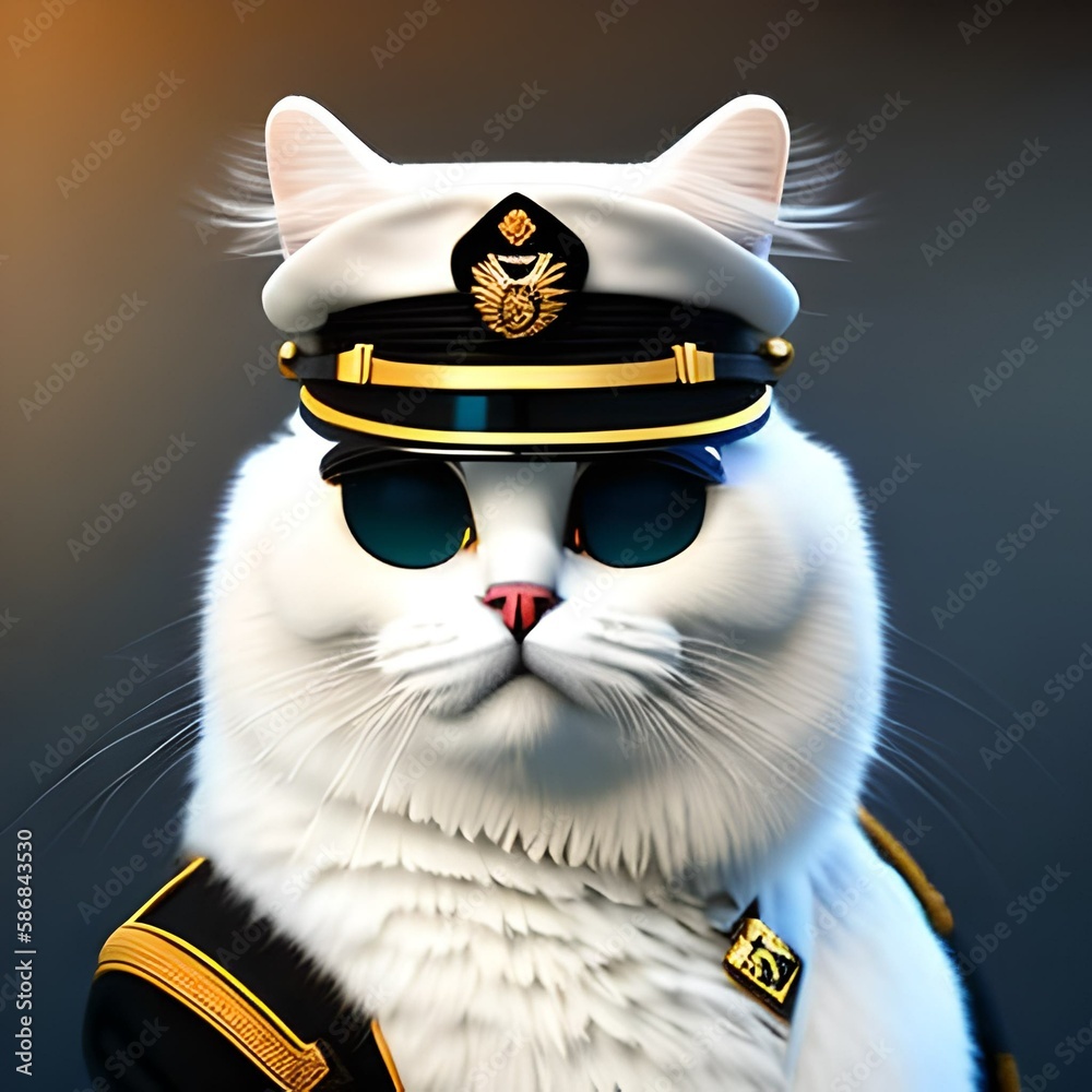 illustration of a white fluffy cat wearing a realistic style army ...