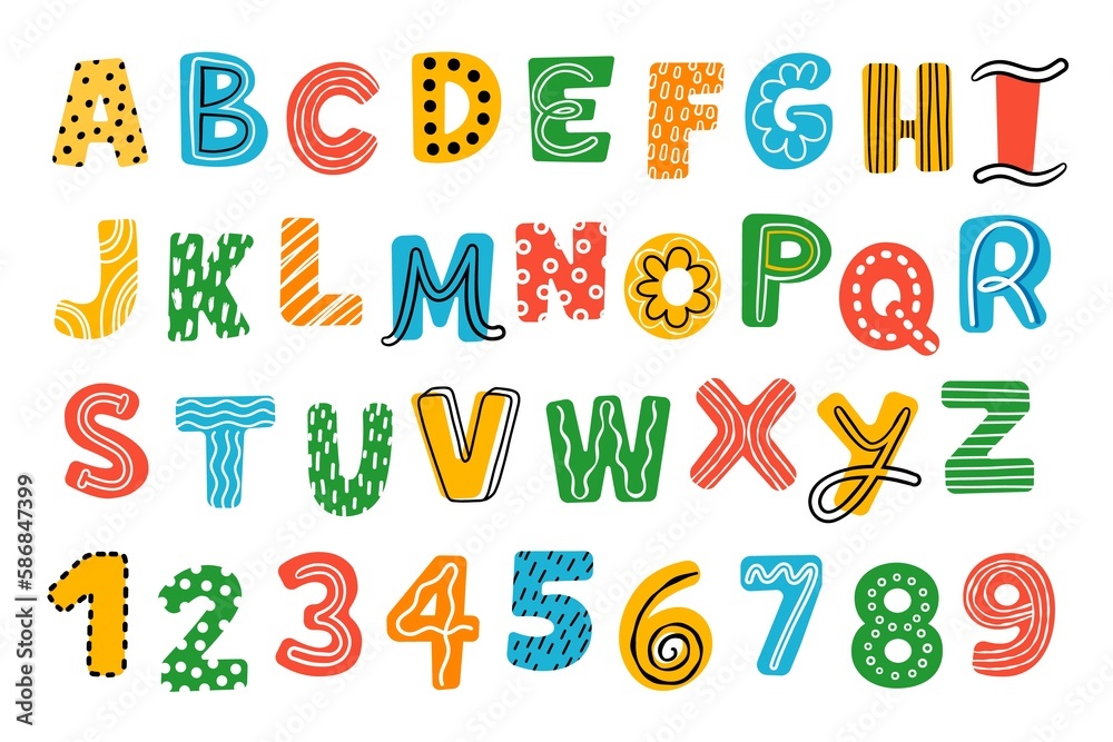 Bright primitive kids font. Colored letters and numbers, cartoon ...