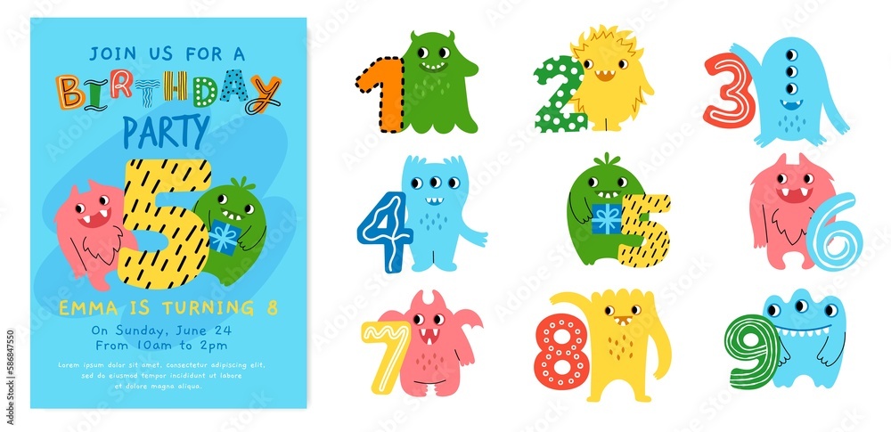 Little girl anniversary colorful numbers. Birthday party invitation ...