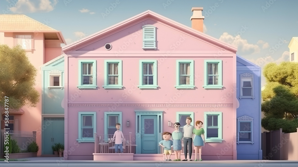 super realistic happy family in front of their pastel colored house ...