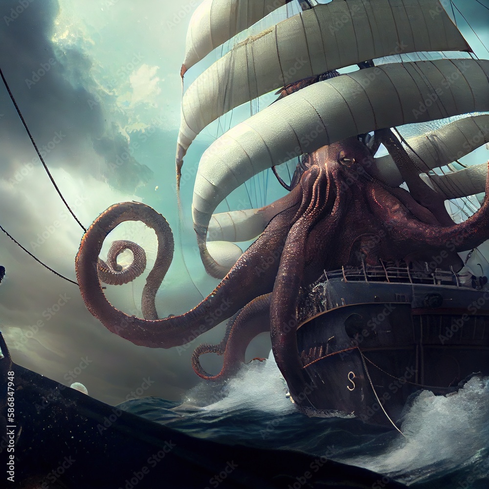 A giant octopus wrapped its tentacles around the ship, created with ...