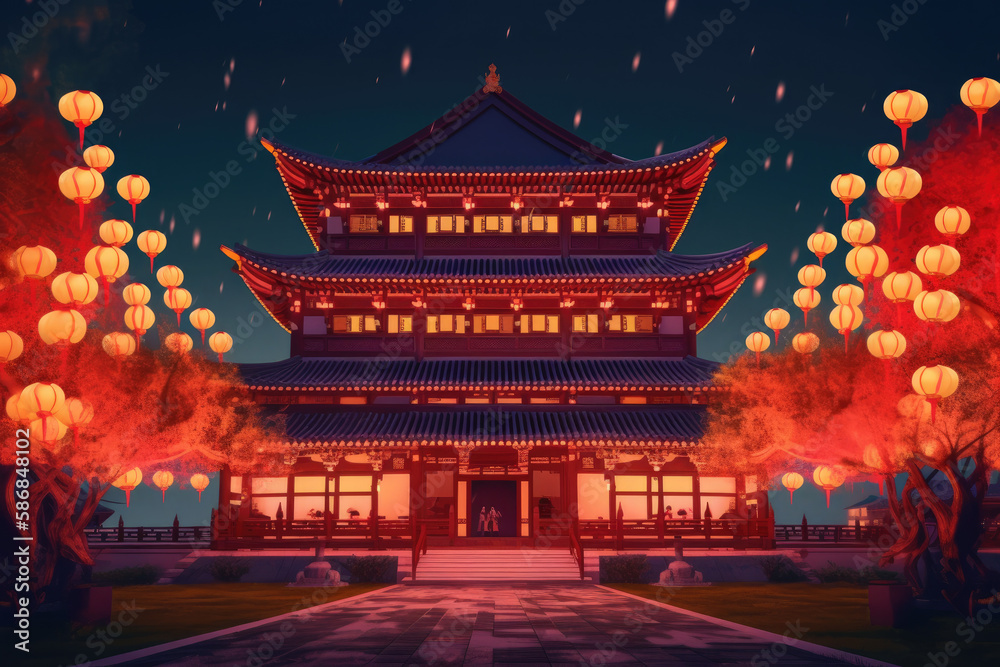 Traditional Chinese Buddhist Temple at night illuminated for the Mid ...