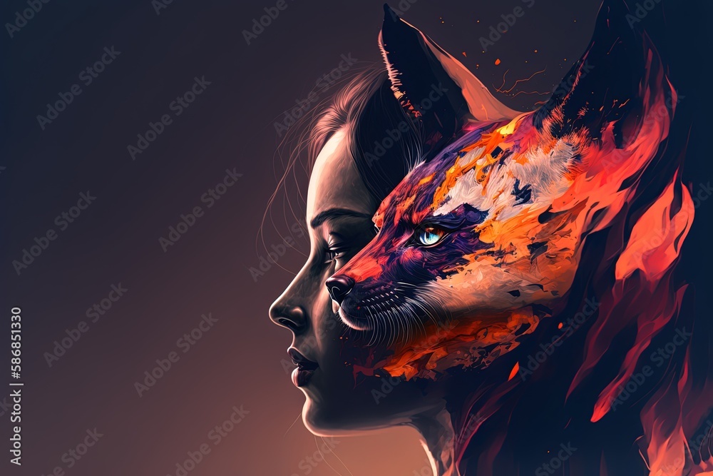 illustration of traditional Asian folklore mythology creature, nine ...