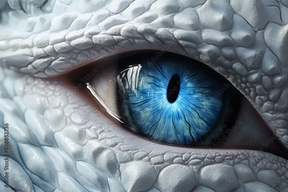 Blue eye of Fantasy White Dragon. Eye of a lizard close-up. Mythical ...